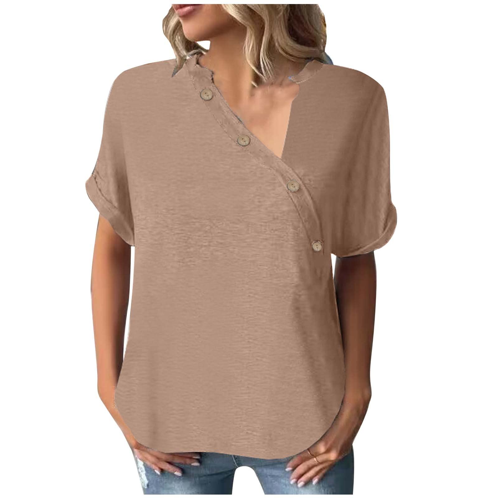 SMIDOW Loose Fitting Tops for Women 2023 Summer Short Sleeve Button v Neck Shirts Solid Comfy Blouse Dressy Casual