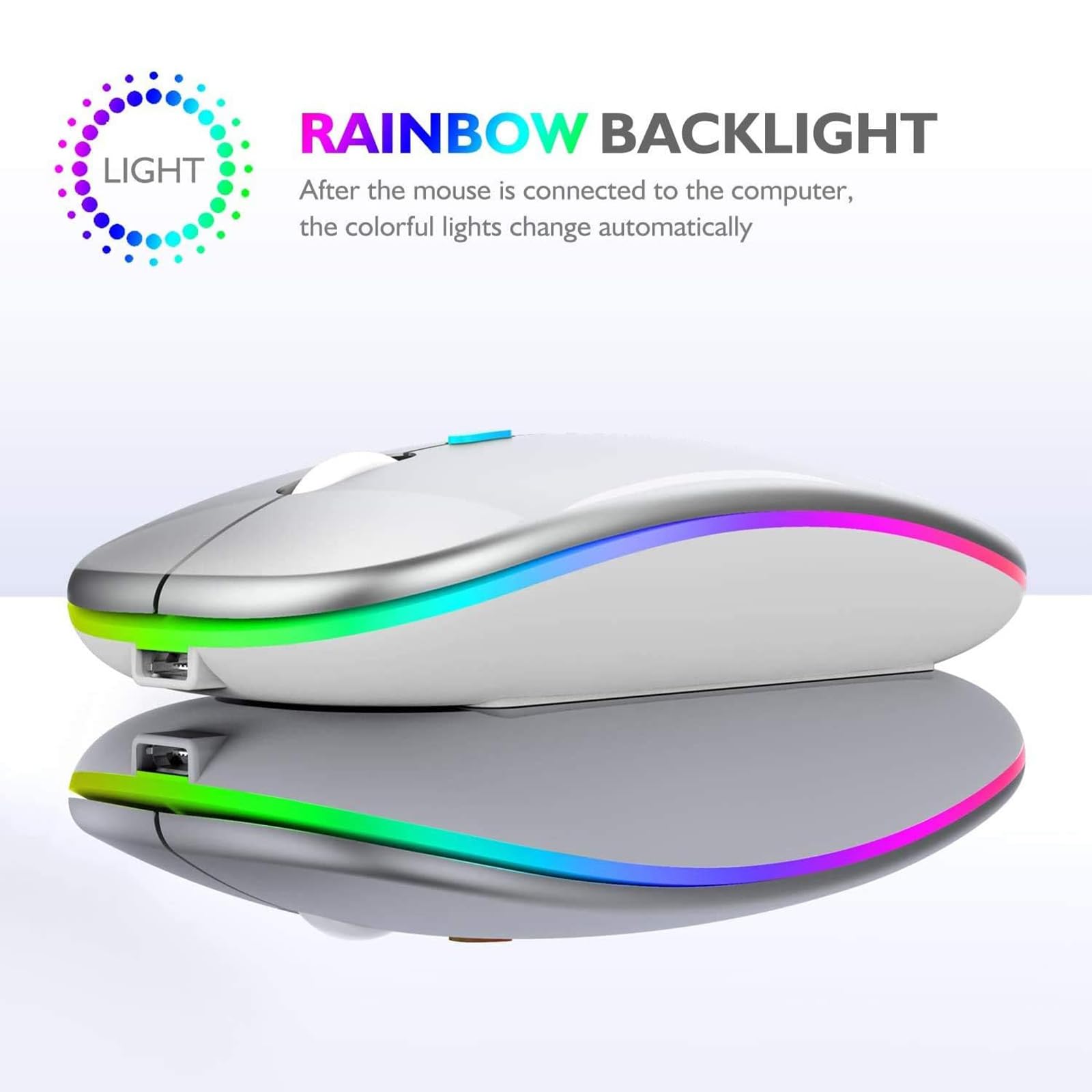 Atrasee Dual Mode LED Wireless Bluetooth Mouse for Laptop, Slim Rechargeable RGB Computer Mice (USB 2.4G + Bluetooth 5.1), Ergonomic PC Gaming Mouse w/ 3 Adjustable DPI, for Laptop MacBook Pro, White