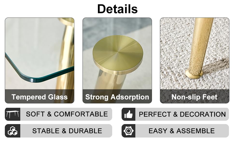 VENBER Rectangle Glass Dining Table with Gold Legs, 63" Modern Transparent Tempered Glass Desktop,End Tables Center Table for Living Room,Dining Room, Tea (Gold)