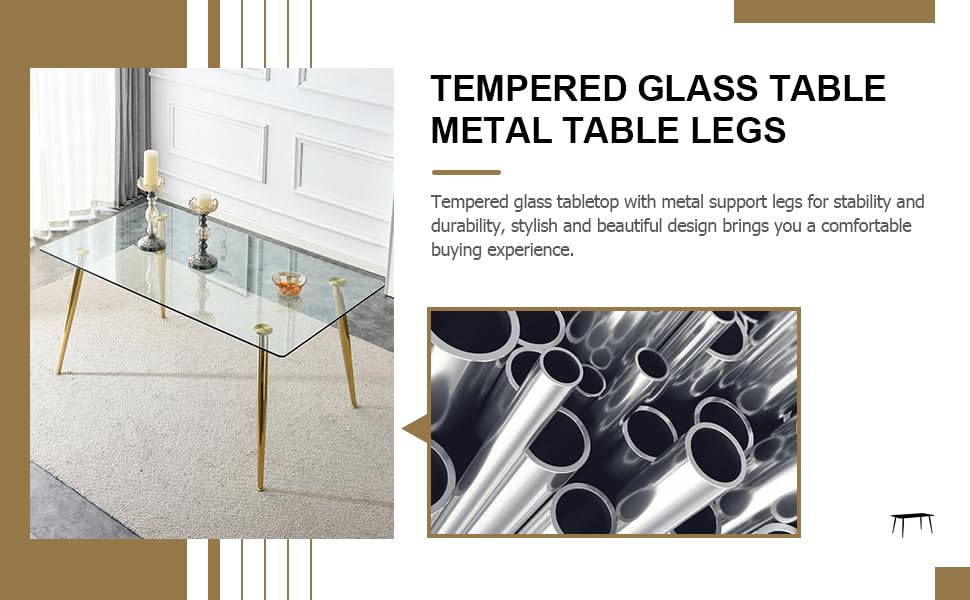 VENBER Rectangle Glass Dining Table with Gold Legs, 63" Modern Transparent Tempered Glass Desktop,End Tables Center Table for Living Room,Dining Room, Tea (Gold)