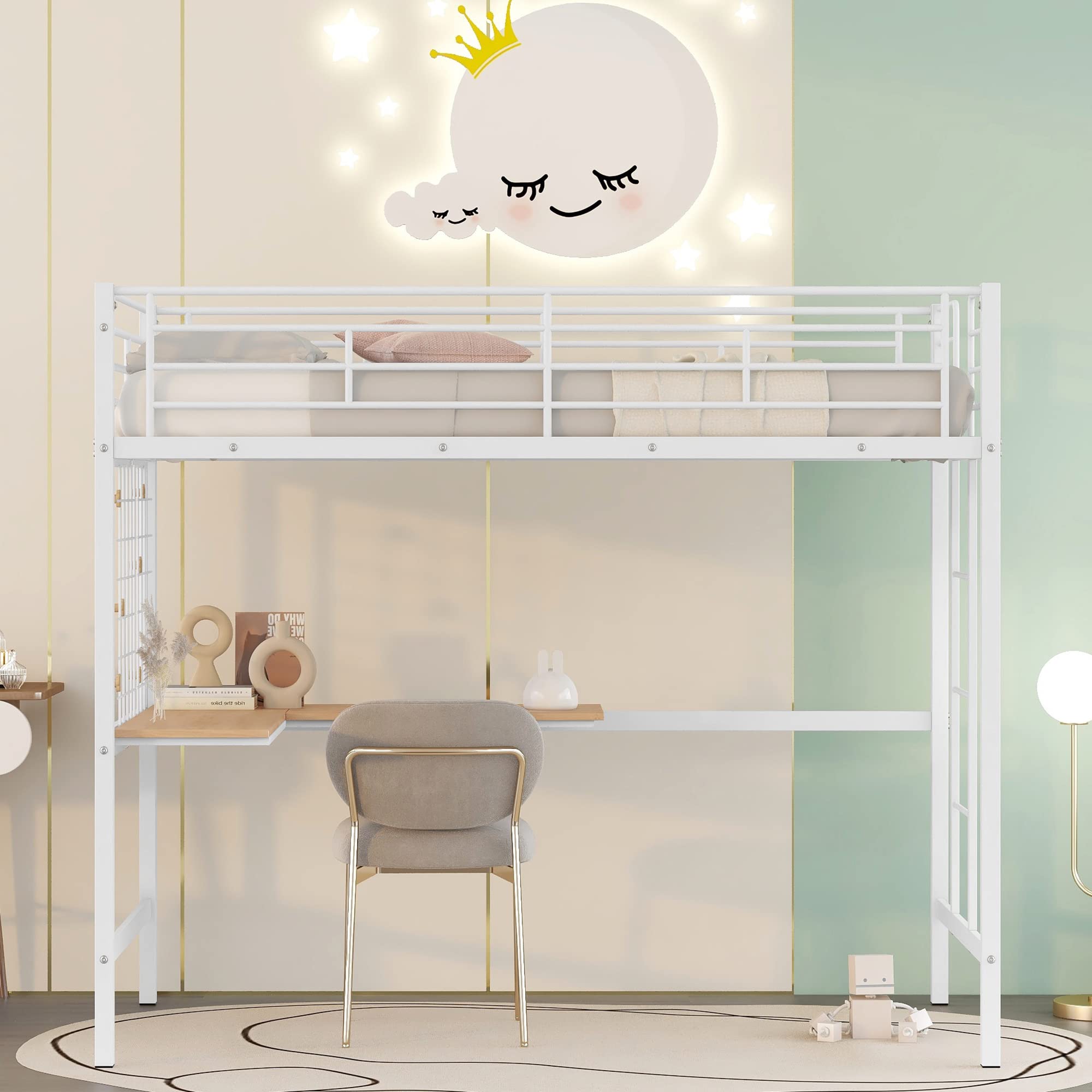 GINGVAT Twin Metal Bunk L-Shaped Desk Ladder and Safety Guardrails,Loft-Bed for Bedroom Kids Teens Adults, No Box Spring Required, White
