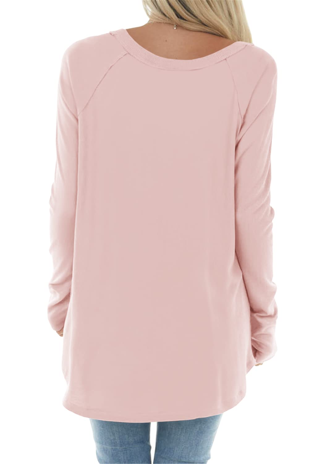 Womens Tunic Tops Long Sleeve Round Neck Soft Loose Long Blouse Shirts Side Split Casual T Shirt Pink