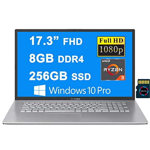 (RENEWED!) Asus VivoBook 17 Business Laptop I 17.3” Full HD I AMD Ryzen 3 3250U I 8GB DDR4 256GB SSD I AMD Radeon Graphic I USB-C HDMI SonicMaster Win10Pro Silver + 32GB MicroSD Card