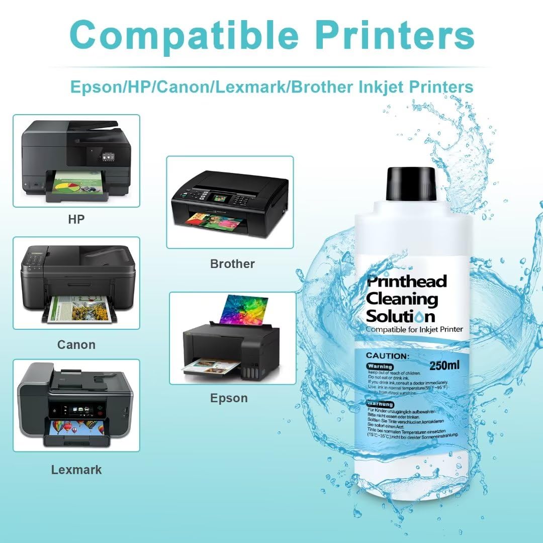 Absonic Printhead Cleaning Kit for Epson, 250mL Printer Cleaning Kit for Inkjet Printer, Print Head Cleaning Kit for HP, Canon Inkjet, Printer Head Cleaning Kit 250mL for Brother Inkjet