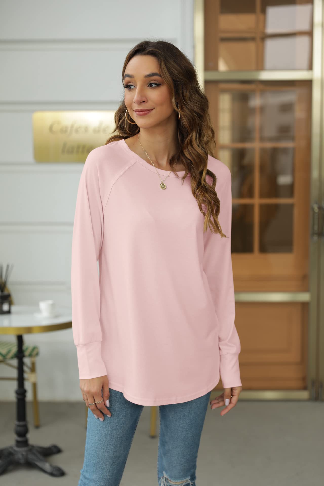 Womens Tunic Tops Long Sleeve Round Neck Soft Loose Long Blouse Shirts Side Split Casual T Shirt Pink
