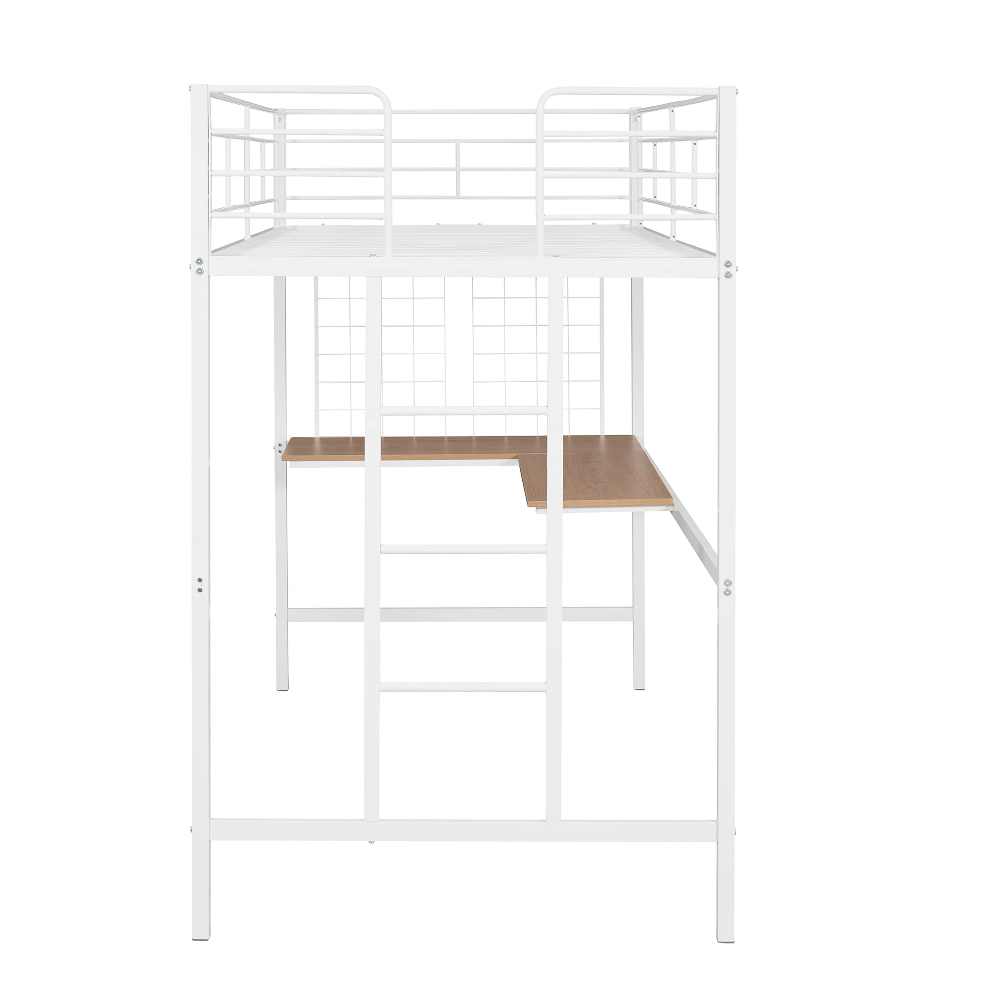 GINGVAT Twin Metal Bunk L-Shaped Desk Ladder and Safety Guardrails,Loft-Bed for Bedroom Kids Teens Adults, No Box Spring Required, White