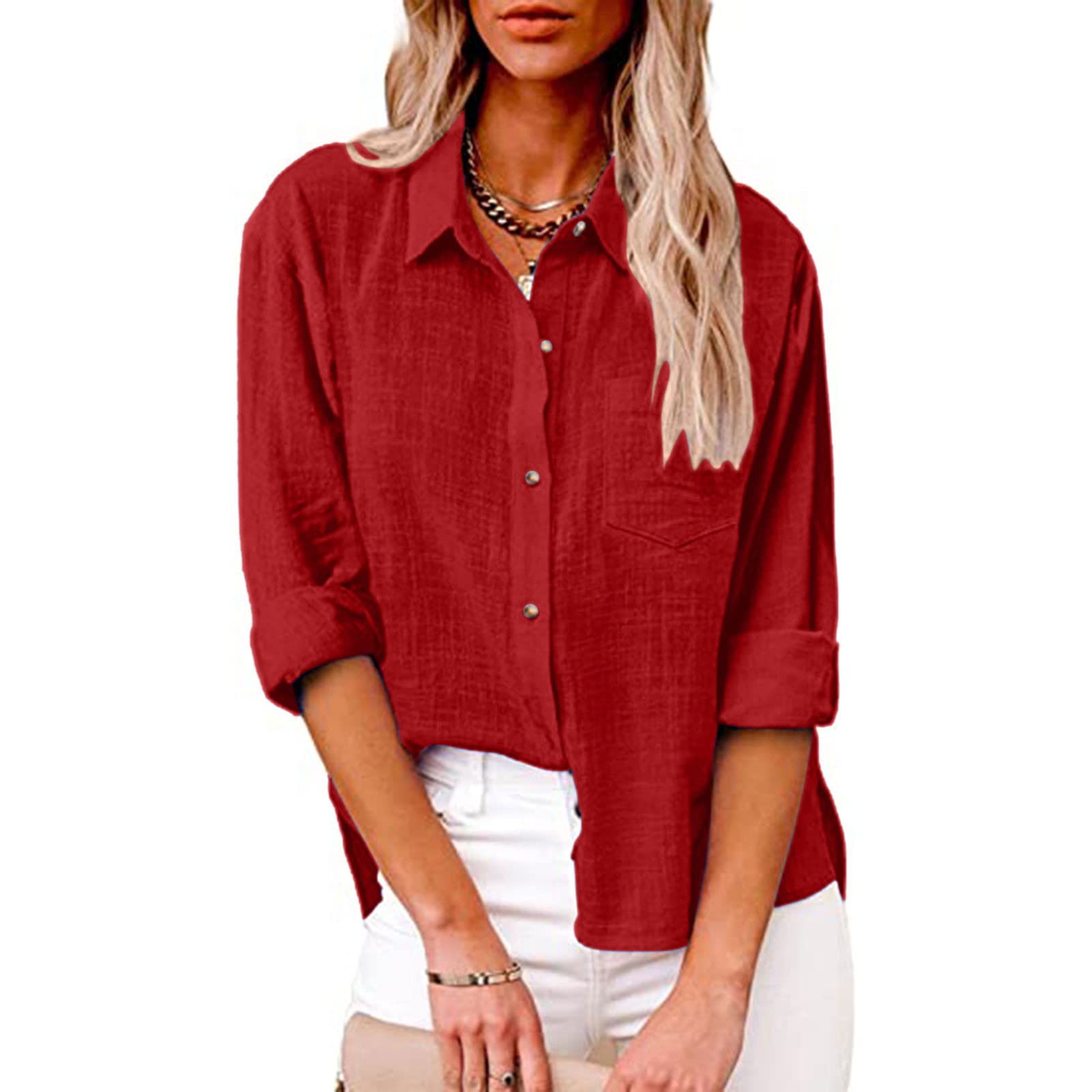 SMIDOW Womens Button Down Cotton Linen Shirts V Neck Roll Up Short|Long Sleeve Blouses Loose Collared Shirt Casual Work Tops
