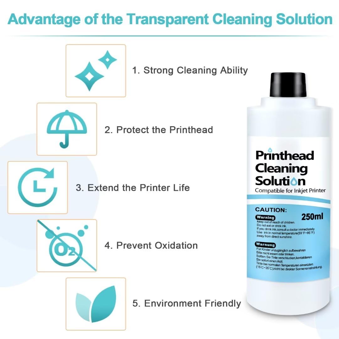 Absonic Printhead Cleaning Kit for Epson, 250mL Printer Cleaning Kit for Inkjet Printer, Print Head Cleaning Kit for HP, Canon Inkjet, Printer Head Cleaning Kit 250mL for Brother Inkjet