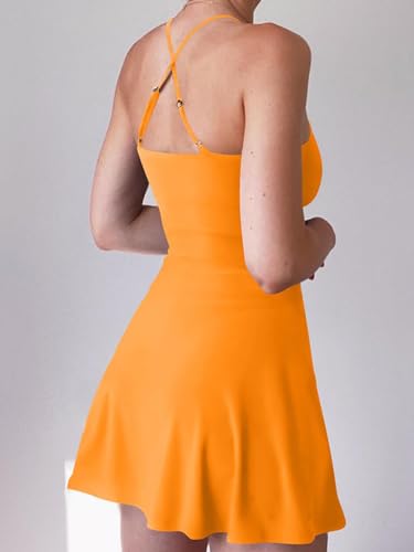 Vohawsa Women's Casual Tennis Athletic Dress Scoop Neck Spaghetti Strap Workout Open Back Golf Mini Dress with Shorts (US, Alpha, X-Large, Regular, Regular, Orange)