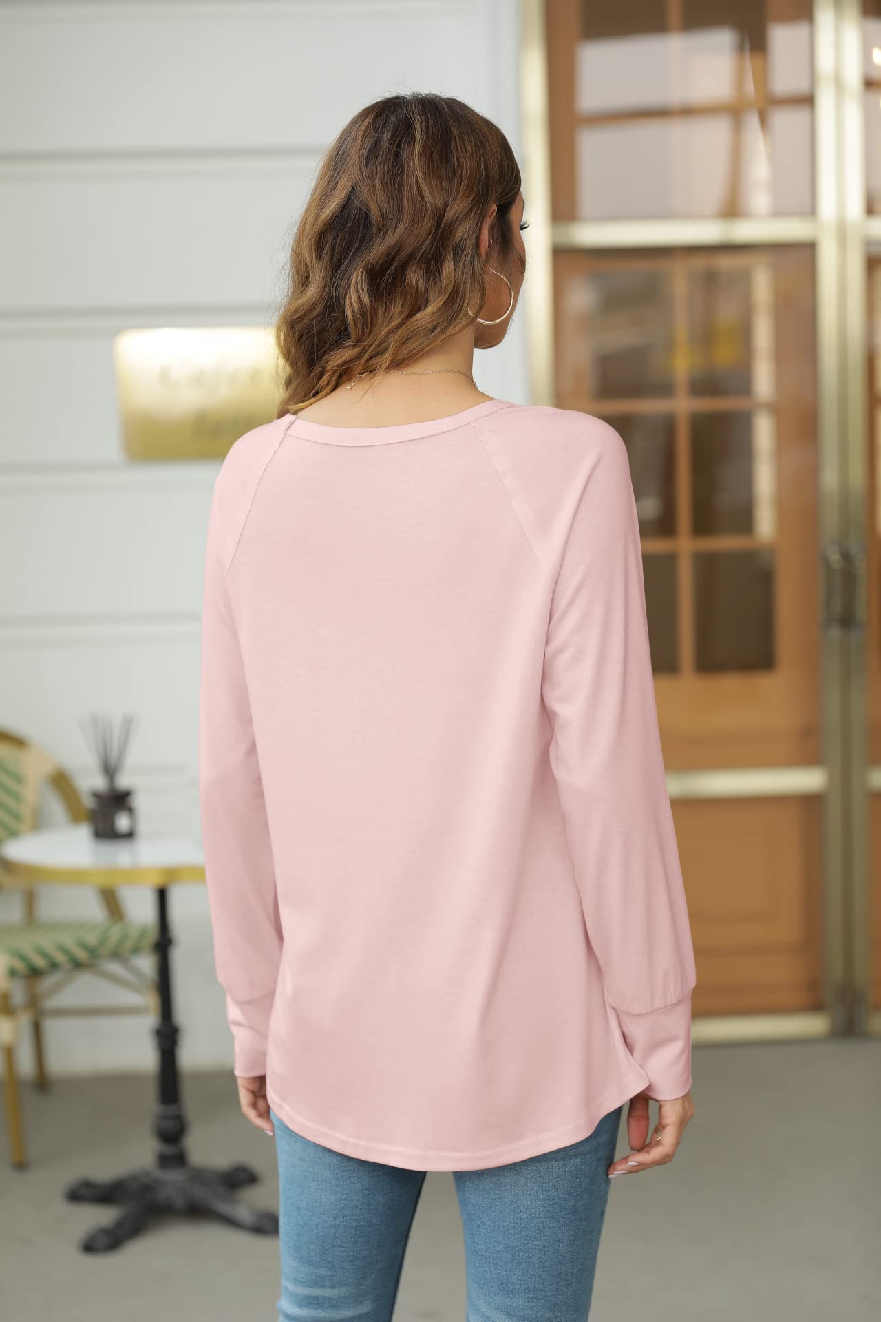 Womens Tunic Tops Long Sleeve Round Neck Soft Loose Long Blouse Shirts Side Split Casual T Shirt Pink