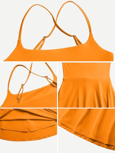 Vohawsa Women's Casual Tennis Athletic Dress Scoop Neck Spaghetti Strap Workout Open Back Golf Mini Dress with Shorts (US, Alpha, X-Large, Regular, Regular, Orange)