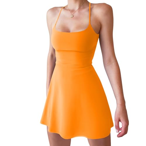 Vohawsa Women's Casual Tennis Athletic Dress Scoop Neck Spaghetti Strap Workout Open Back Golf Mini Dress with Shorts (US, Alpha, X-Large, Regular, Regular, Orange)