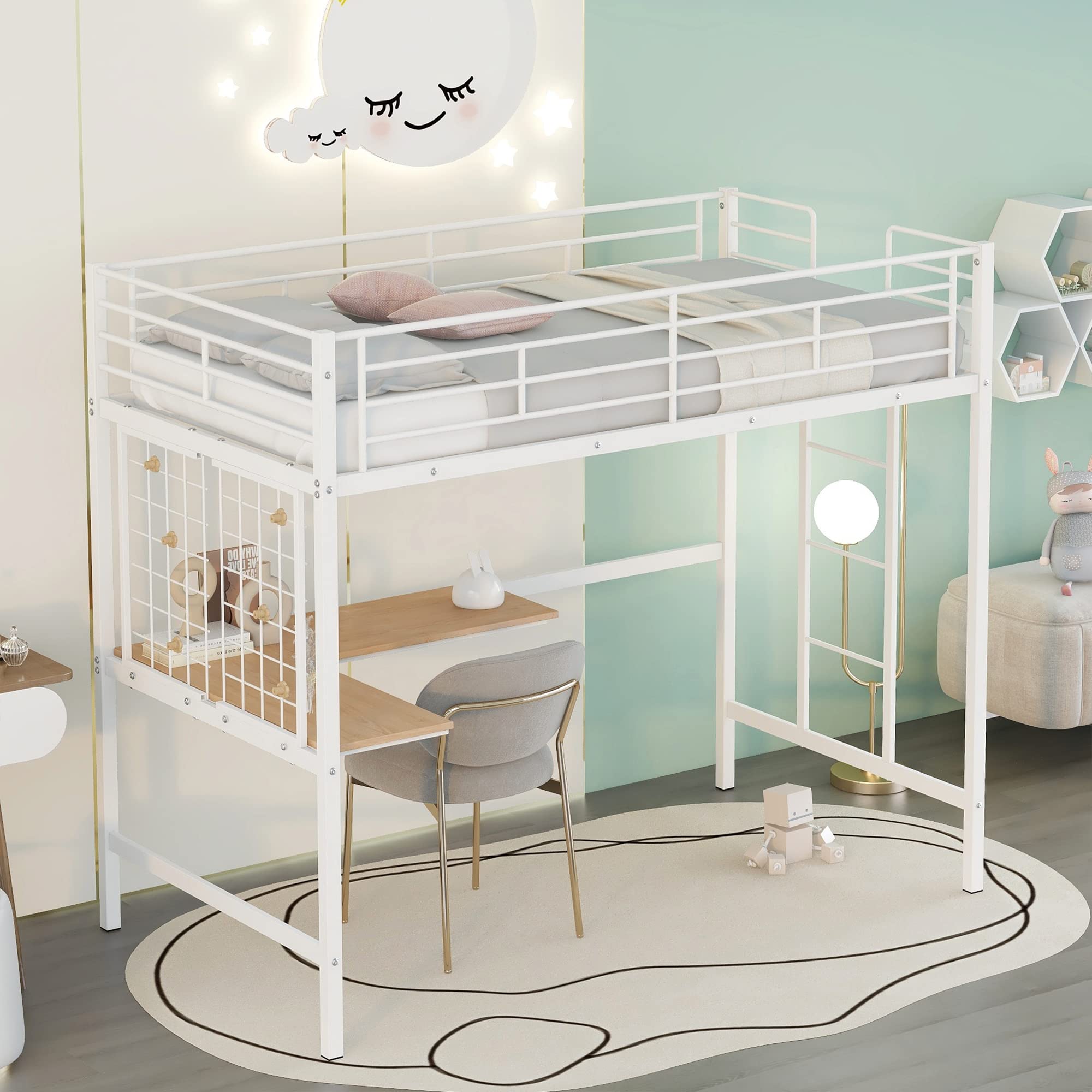 GINGVAT Twin Metal Bunk L-Shaped Desk Ladder and Safety Guardrails,Loft-Bed for Bedroom Kids Teens Adults, No Box Spring Required, White