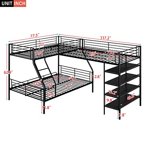 BOVZA Triple Bunk Bed, L Shaped Metal Twin Over Full Bunk Bed and Twin Size Loft Bed with 4 Built-in Shelves, 3 Bunk Beds for Kids Teens Adults, Black