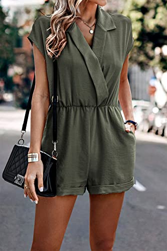 PRETTYGARDEN Women's Romper Dressy Casual Summer Wrap V Neck Short Sleeve Wide Leg Shorts One Piece Jumpsuits (Army Green,Small)