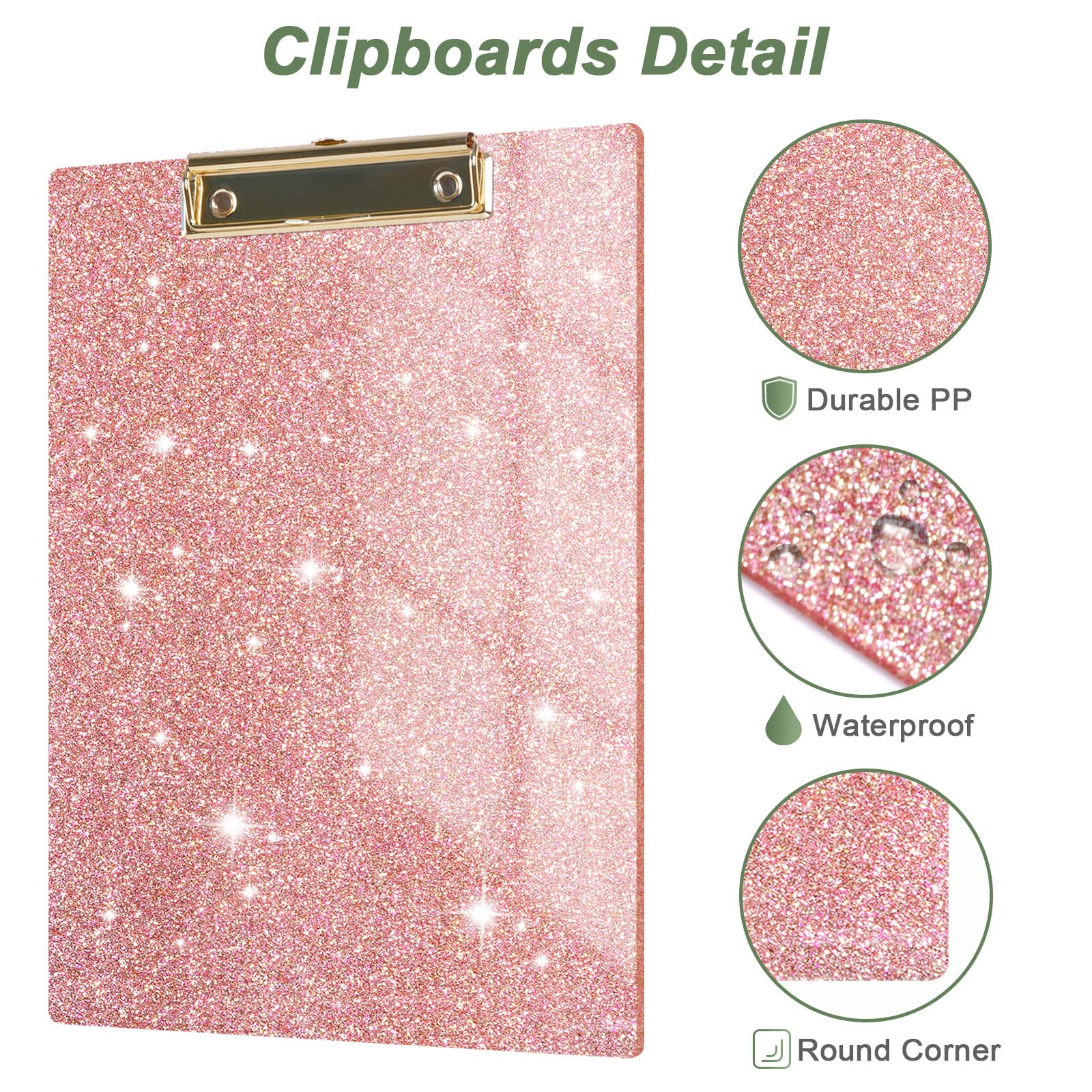 Rimilak Acrylic Glitter Clipboards, Sparkly Board with Low Profile Gold Clip, Designed for Classroom School and Office Use, A4 Letter Size 9 x 12.5 in, Rose Gold