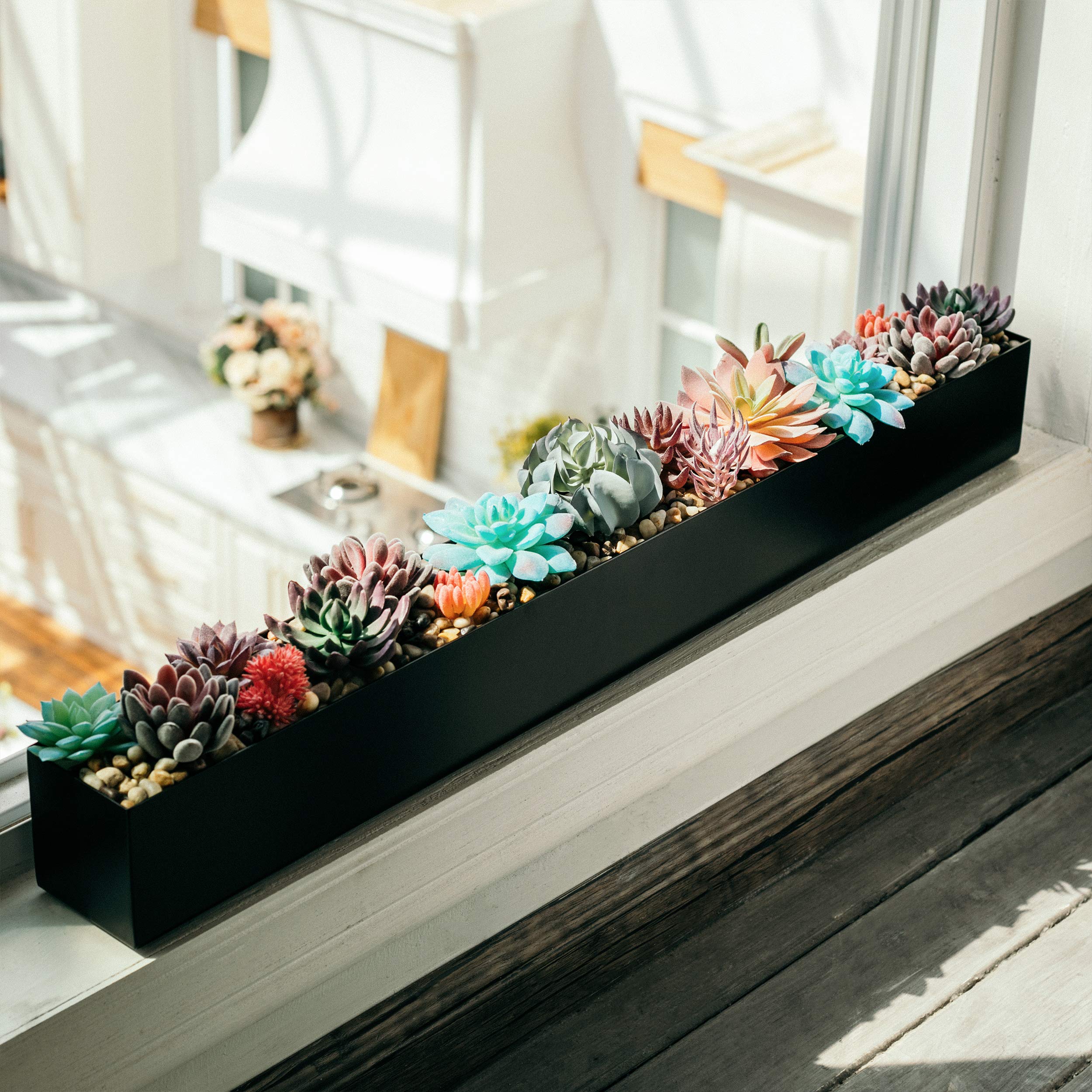 Modern Rectangle Planter Box - 32" Metal Planter Ideal as a Long Succulent Planter | Rectangular Planter Box for Table or Window Sill Planters Indoor | Trough Planter for Indoor Window Planter | Black