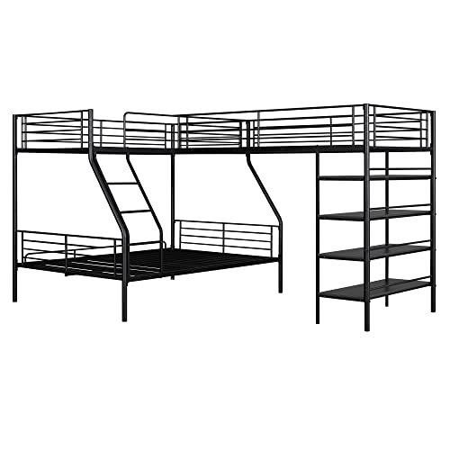 BOVZA Triple Bunk Bed, L Shaped Metal Twin Over Full Bunk Bed and Twin Size Loft Bed with 4 Built-in Shelves, 3 Bunk Beds for Kids Teens Adults, Black