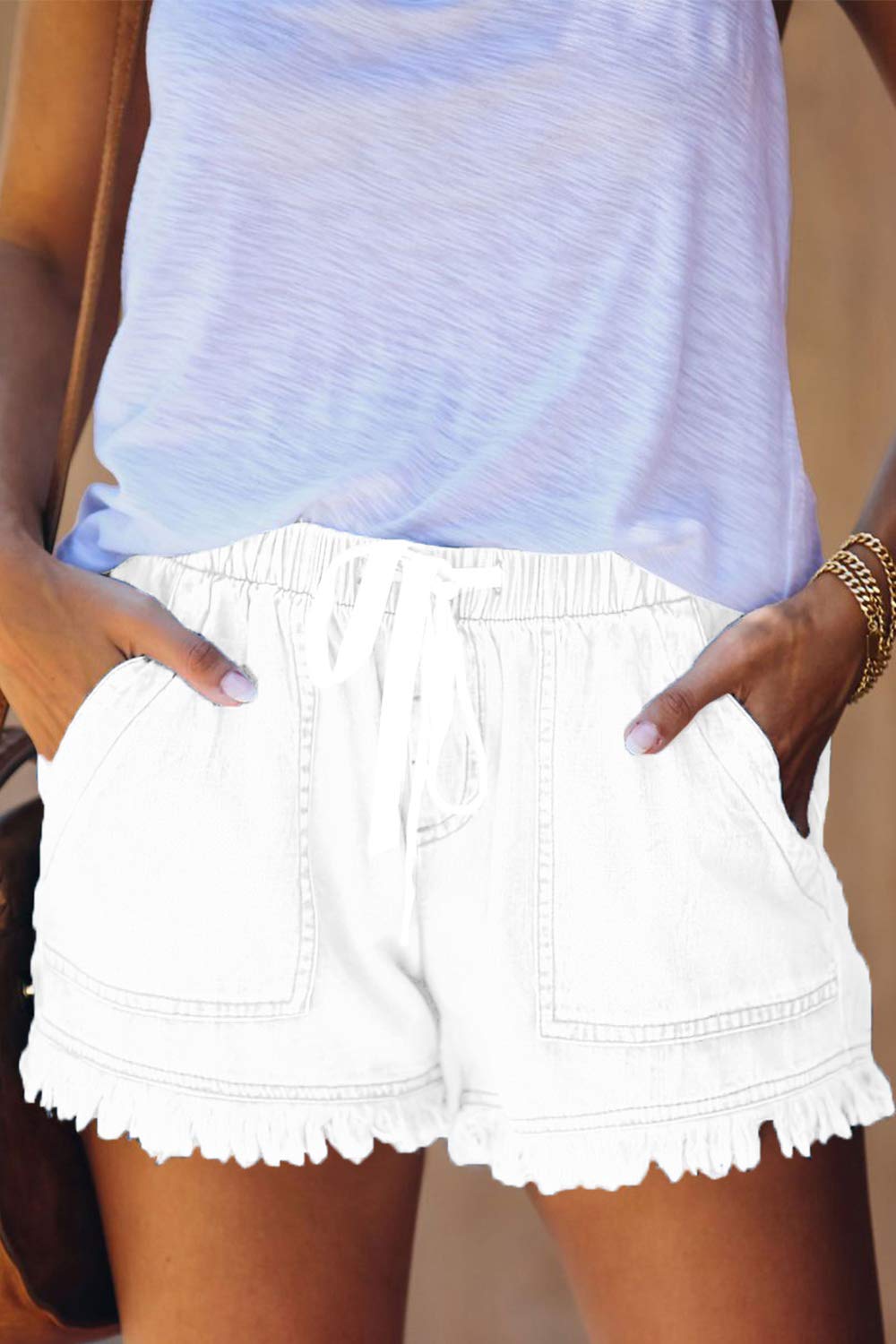 YOCUR Womens Denim Shorts Flowy Fashion Board Shorts Elastic Waist Tassel Drawstring Shorts Juniors Lounge Jean Shorts White XL
