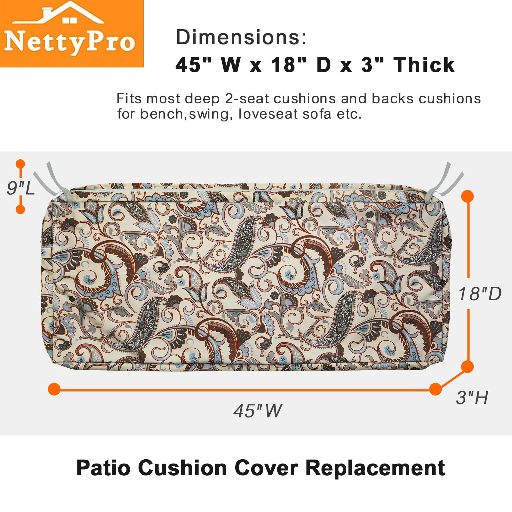 NettyPro Outdoor Patio Bench Swing Cushion Cover Replacement Water Resistant UV Protection Outside Loveseat Cushion Slipcovers with Zipper, 45 x 18 x 3 Inch