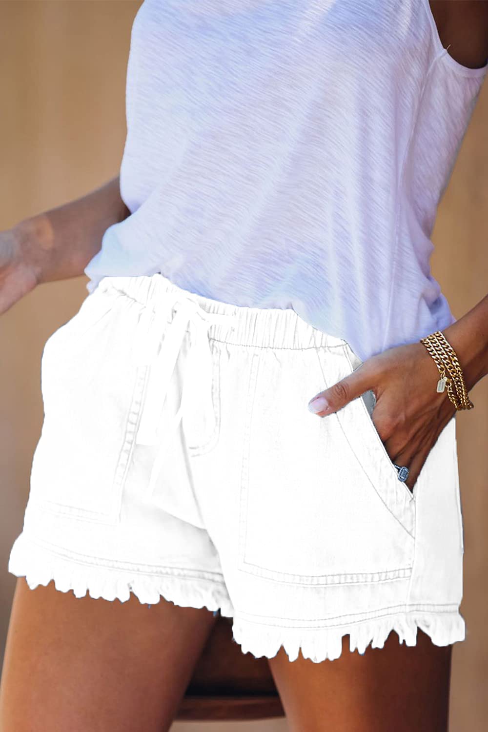 YOCUR Womens Denim Shorts Flowy Fashion Board Shorts Elastic Waist Tassel Drawstring Shorts Juniors Lounge Jean Shorts White XL