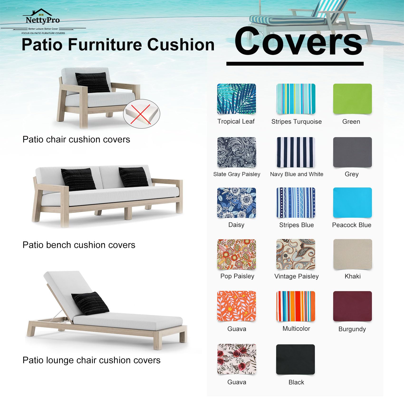 NettyPro Outdoor Patio Bench Swing Cushion Cover Replacement Water Resistant UV Protection Outside Loveseat Cushion Slipcovers with Zipper, 45 x 18 x 3 Inch