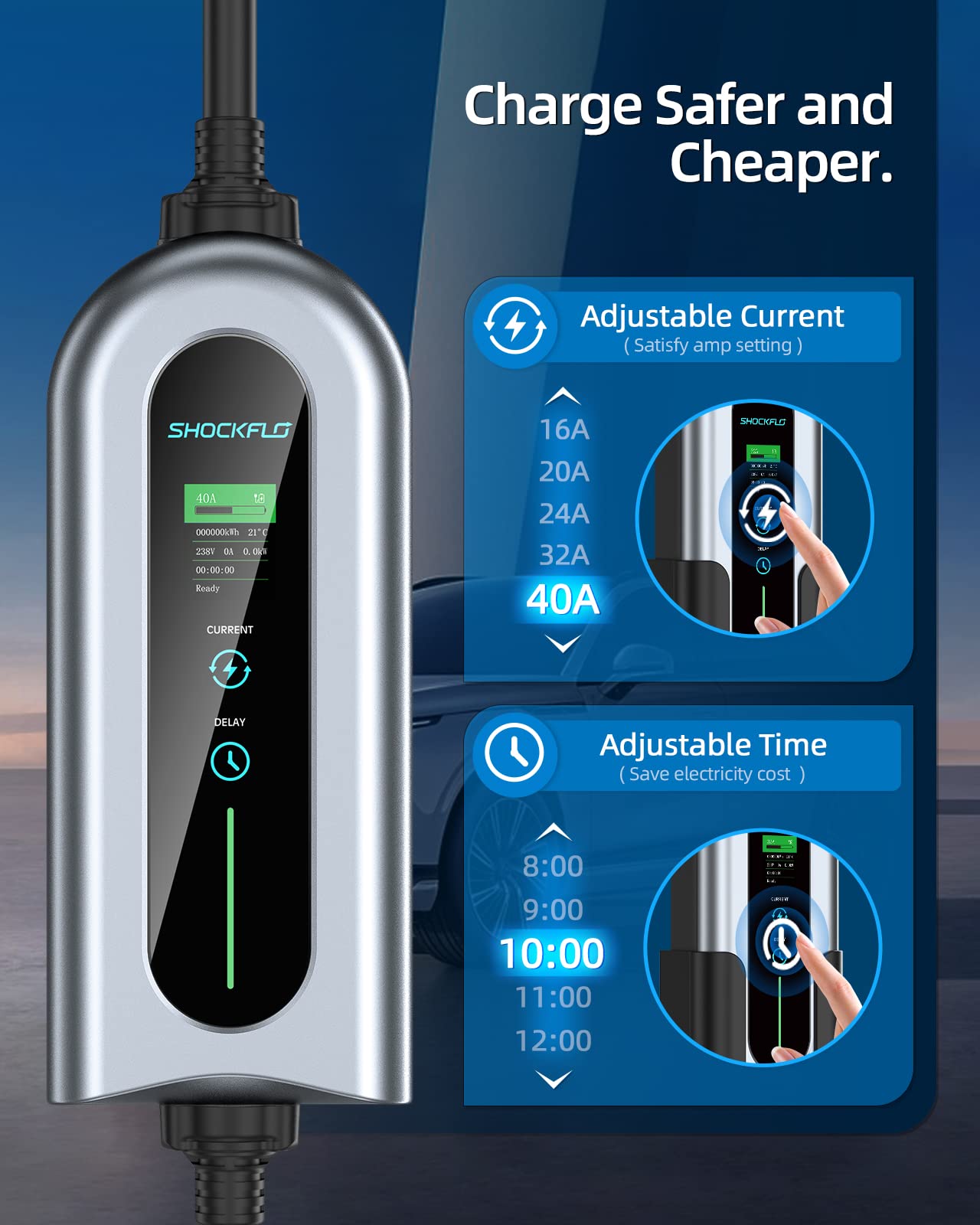 ShockFlo G1 Level 2 EV Charger (40Amp, 240V, NEMA 14-50P), Wall-Mounted EVSE SAE J1772 EV, Portable Electric Vehicle Charger with Adjustable Current/Timing Delay, Plug-in Home EV Charging Station