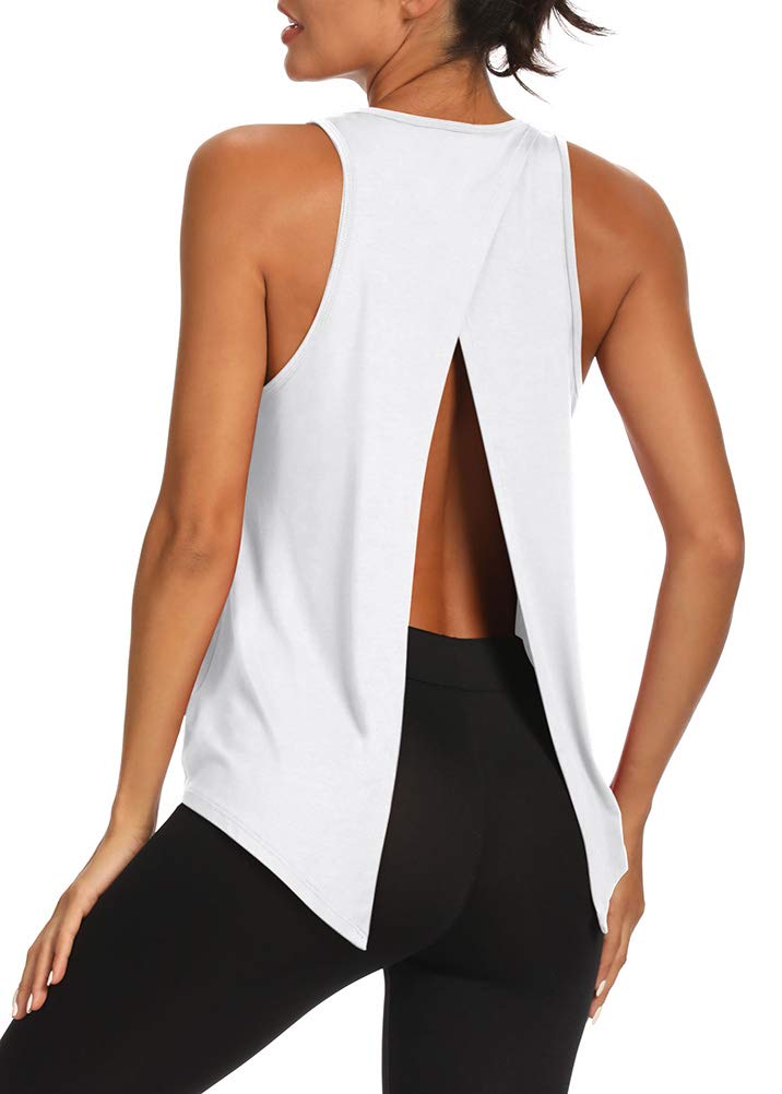 Bestisun Open Back Workout Tops Tie Back Exercise Athletic Dance Running Shirts White M