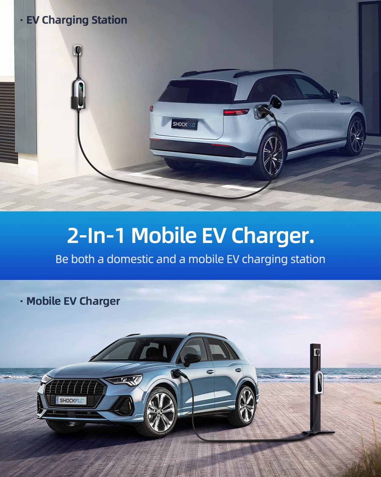 ShockFlo G1 Level 2 EV Charger (40Amp, 240V, NEMA 14-50P), Wall-Mounted EVSE SAE J1772 EV, Portable Electric Vehicle Charger with Adjustable Current/Timing Delay, Plug-in Home EV Charging Station