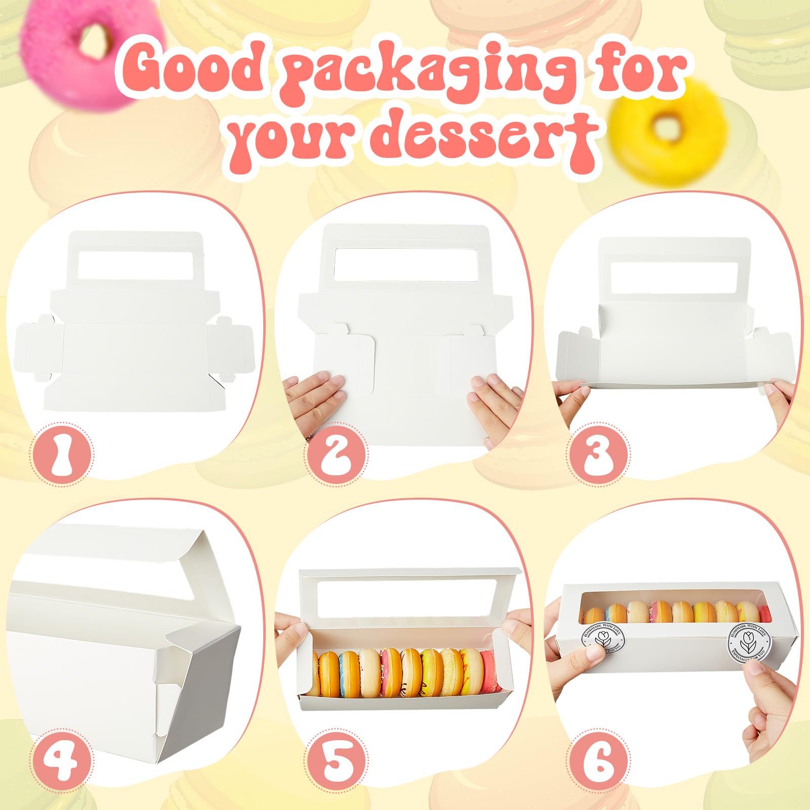 Sherr 100 Pcs Macaron Boxes with Window Macaron Gift Box for 6 Macaron with 200 Pcs Stickers Long Baking Boxes Rectangle Treat Boxes for Dessert Pastry Packaging for Home DIY Baking Gift(White)