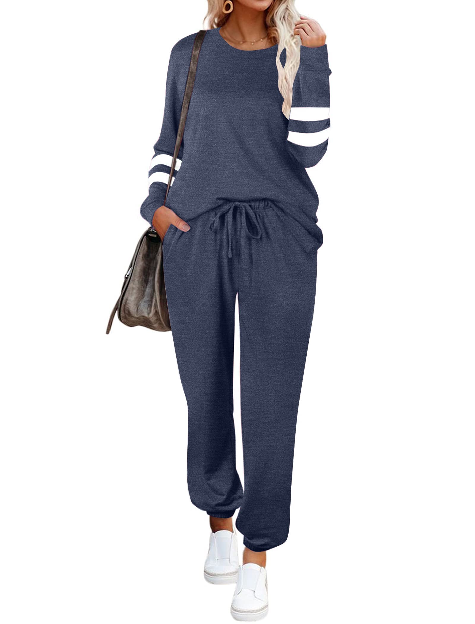 Ekouaer Sweatsuits Womens Loungewear Set Tracksuit Long Sleeve Pajamas Set with Pockets 2 Piece Outfits Lounge Sets Navy Blue XX-Large