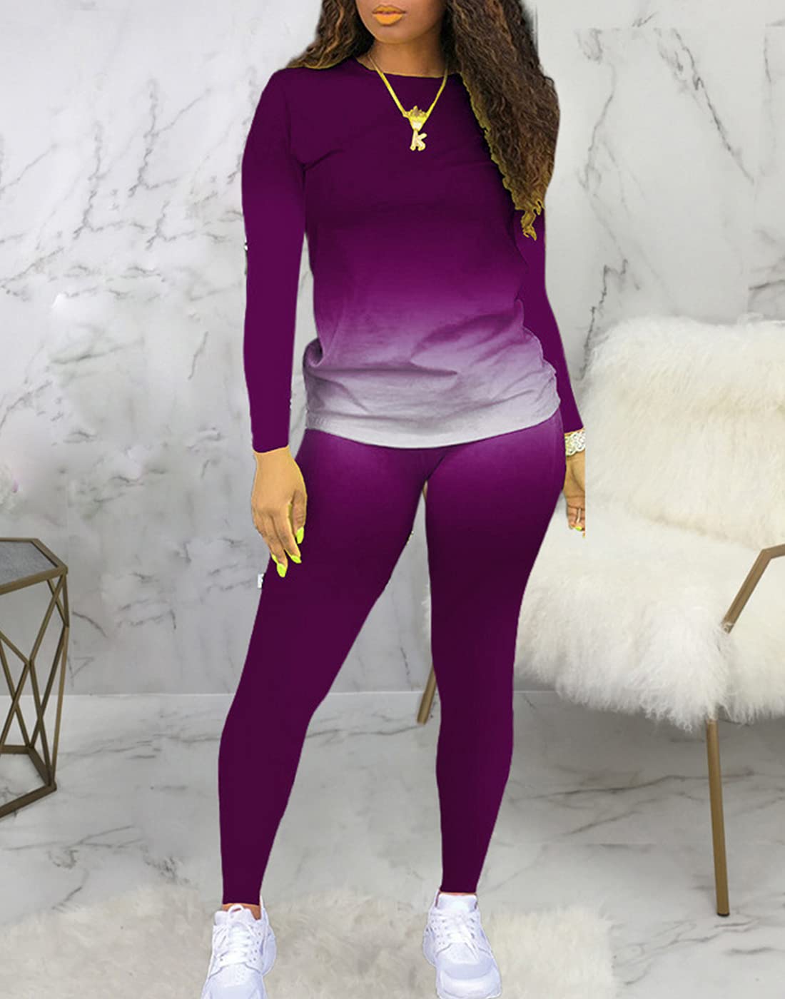 JSVZREU Two Piece Outfits for Women Loungewear Set 2 Piece Outfits Sweatsuit Jogger Sets Jogging Track Suits Lounge Matching Set Long Sleeve(Purple,L)