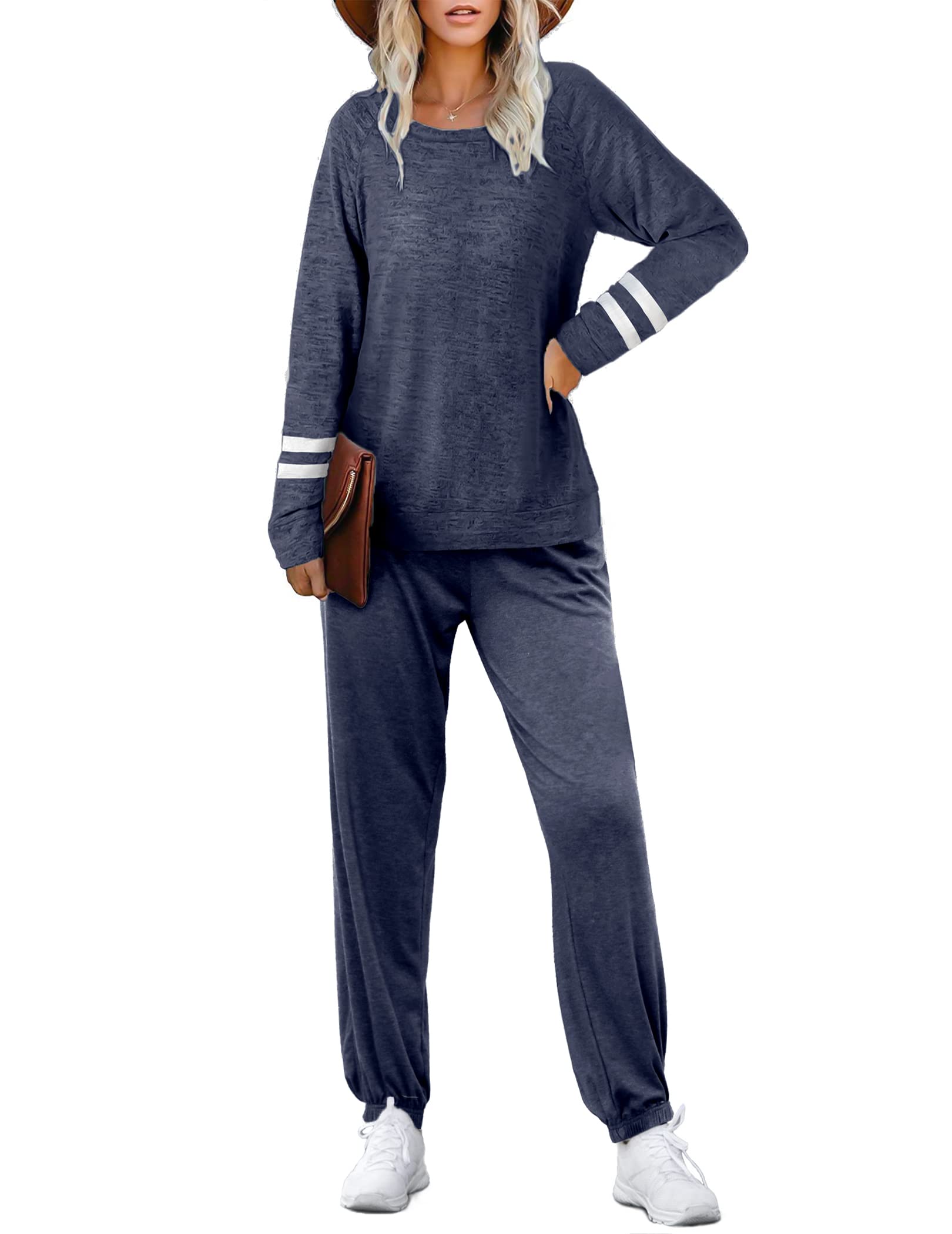 Ekouaer Sweatsuits Womens Loungewear Set Tracksuit Long Sleeve Pajamas Set with Pockets 2 Piece Outfits Lounge Sets Navy Blue XX-Large