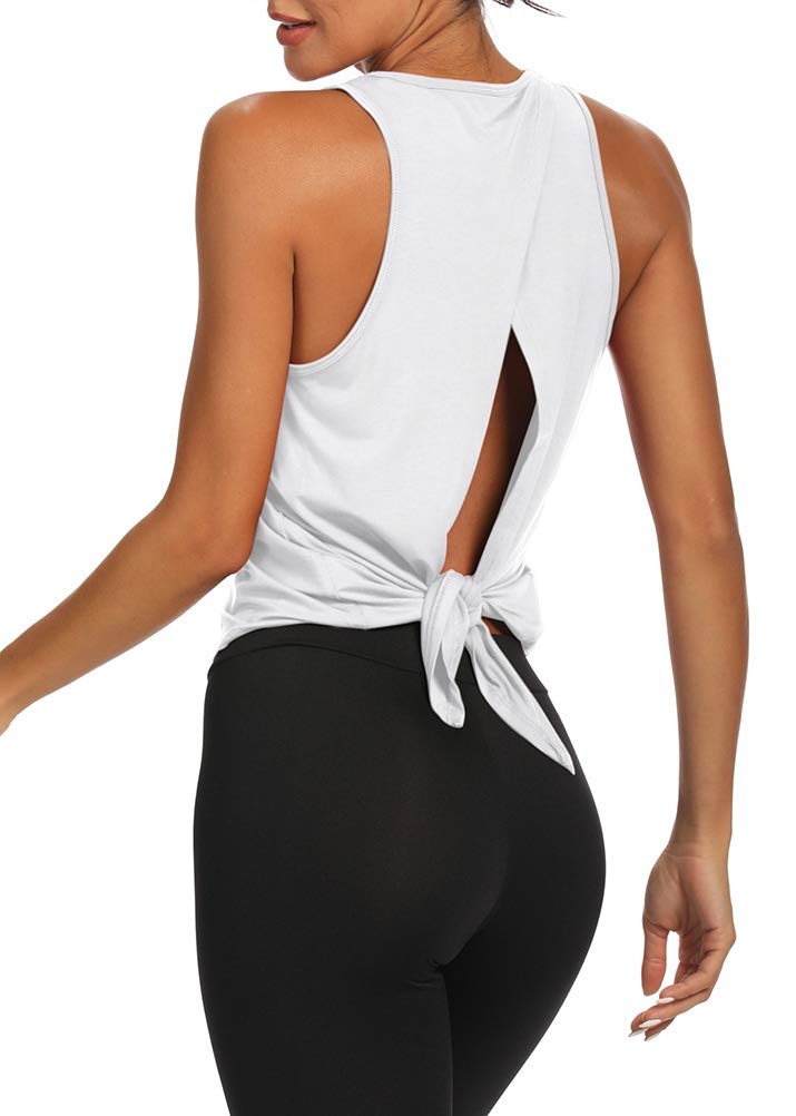 Bestisun Open Back Workout Tops Tie Back Exercise Athletic Dance Running Shirts White M