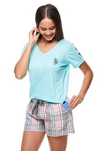 U.S. Polo Assn. Summer Pajamas for Women 2 Piece with T-Shirt and Shorts - Summer PJs for Women Set (Mint W/Pockets, Large)