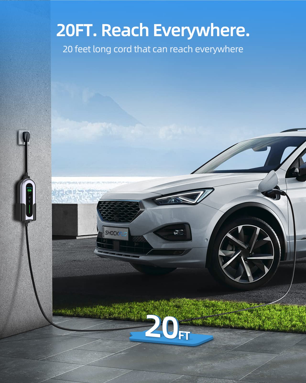 ShockFlo G1 Level 2 EV Charger (40Amp, 240V, NEMA 14-50P), Wall-Mounted EVSE SAE J1772 EV, Portable Electric Vehicle Charger with Adjustable Current/Timing Delay, Plug-in Home EV Charging Station