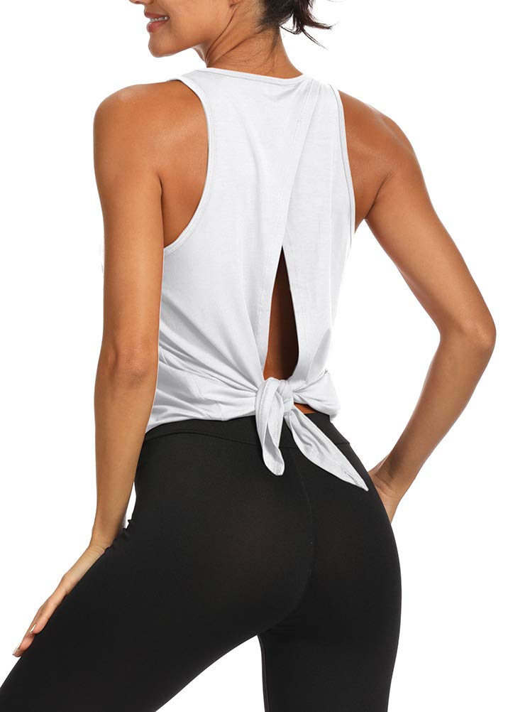 Bestisun Open Back Workout Tops Tie Back Exercise Athletic Dance Running Shirts White M