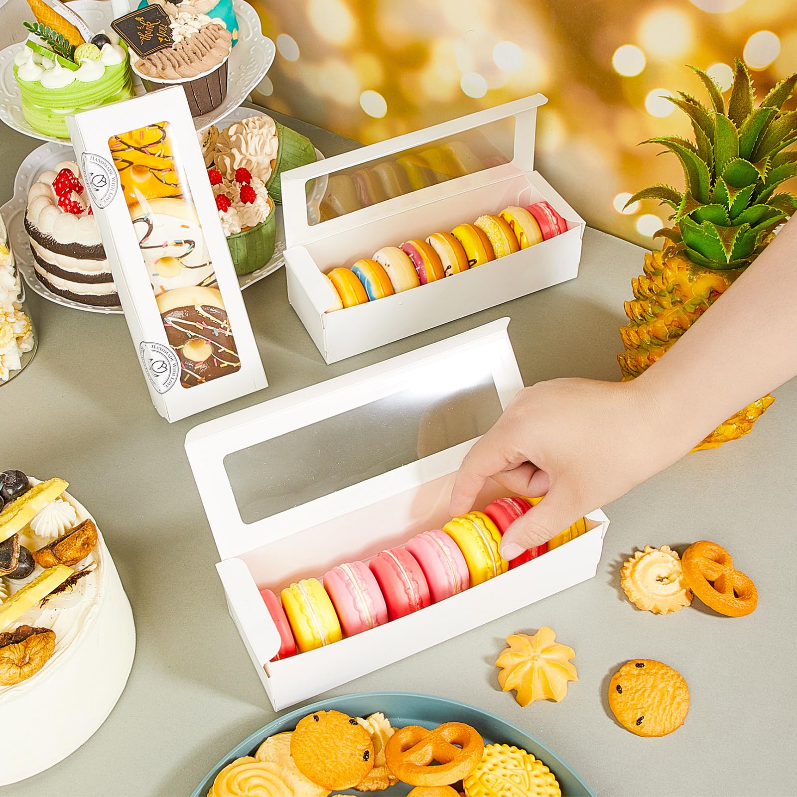 Sherr 100 Pcs Macaron Boxes with Window Macaron Gift Box for 6 Macaron with 200 Pcs Stickers Long Baking Boxes Rectangle Treat Boxes for Dessert Pastry Packaging for Home DIY Baking Gift(White)