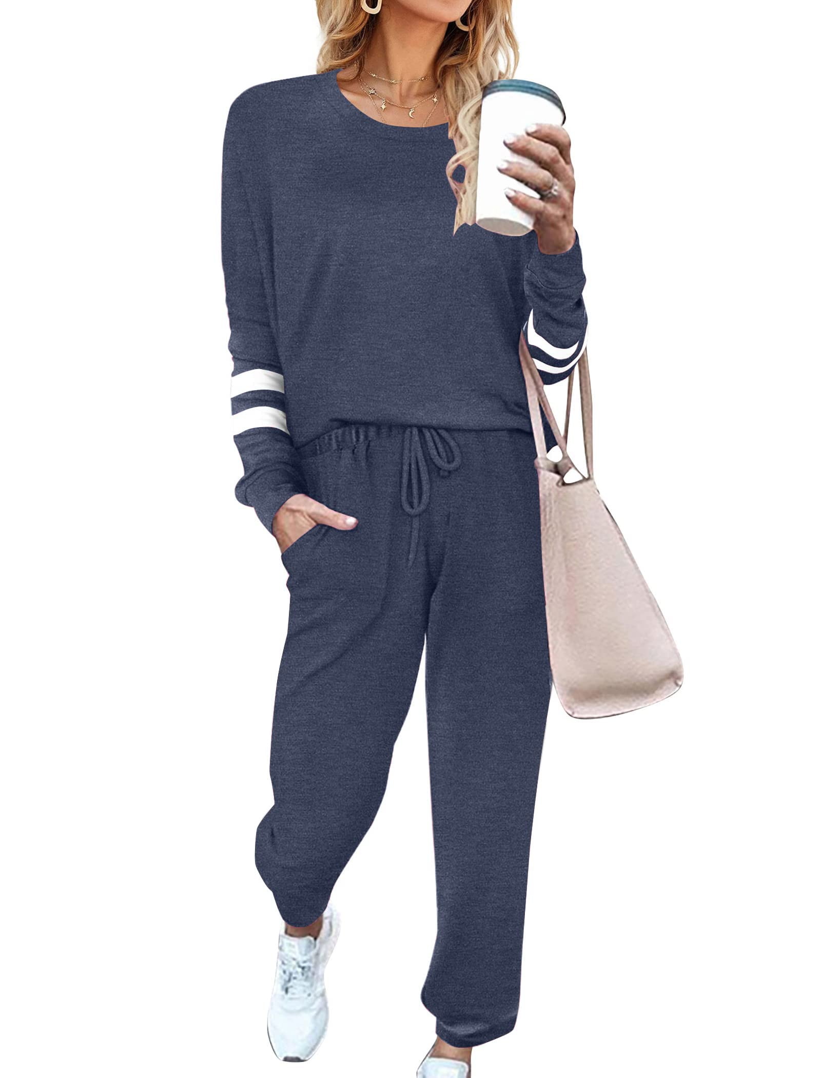 Ekouaer Sweatsuits Womens Loungewear Set Tracksuit Long Sleeve Pajamas Set with Pockets 2 Piece Outfits Lounge Sets Navy Blue XX-Large