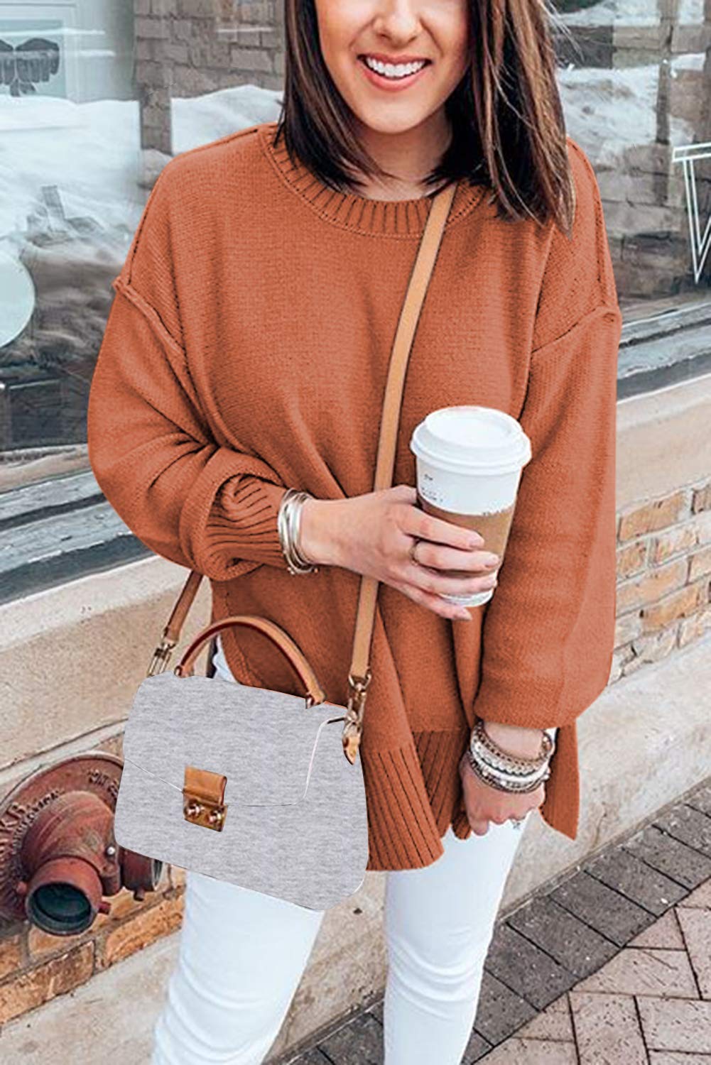 MEROKEETY Women's 2025 Fall Winter Casual Oversized Pullover Sweater Loose Crew Neck Long Sleeve Side Split Jumper Top, Orange, L