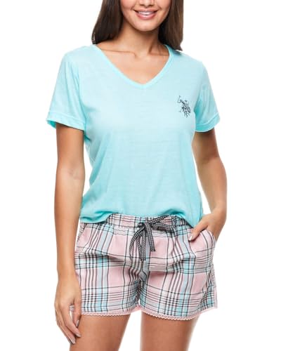 U.S. Polo Assn. Summer Pajamas for Women 2 Piece with T-Shirt and Shorts - Summer PJs for Women Set (Mint W/Pockets, Large)