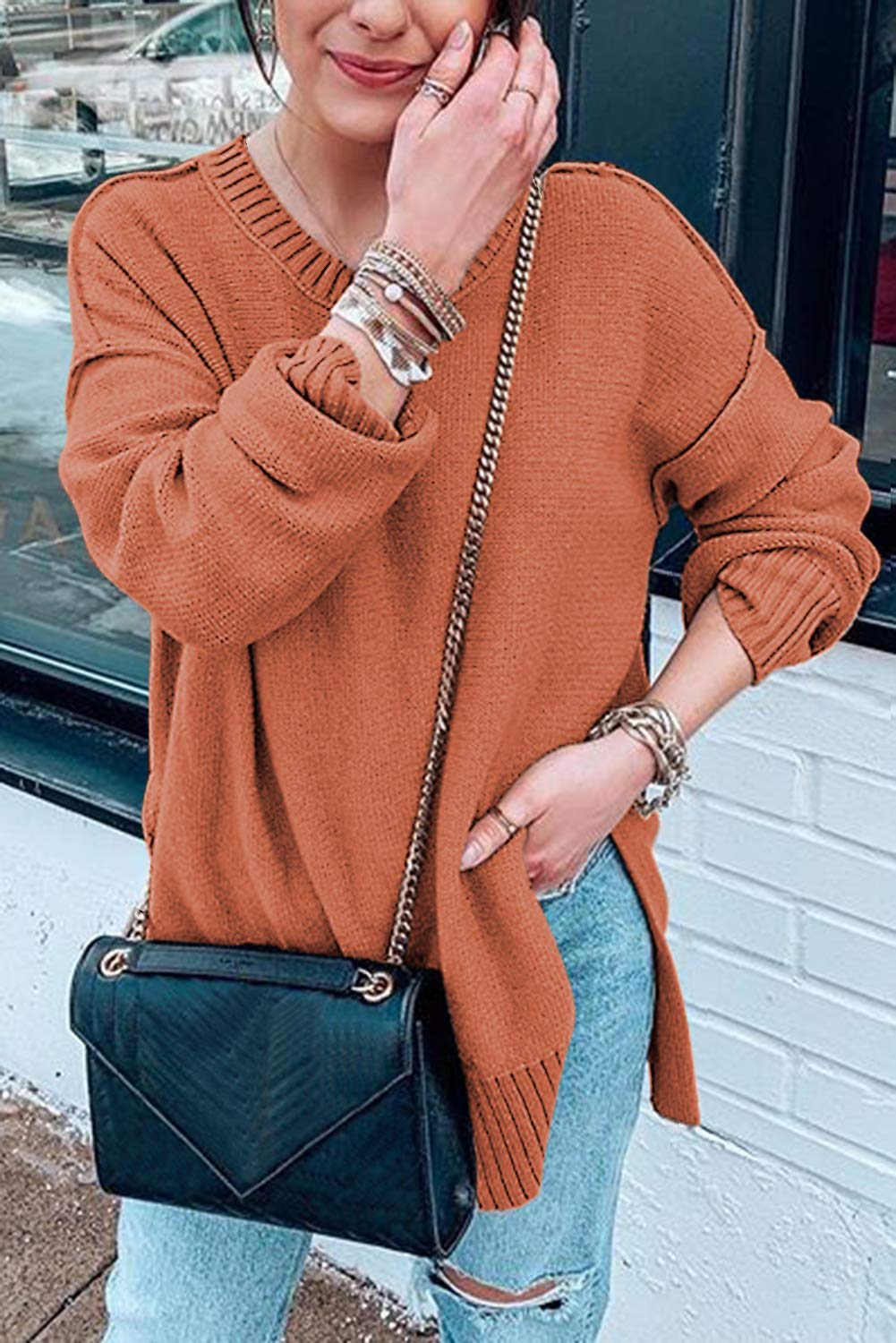 MEROKEETY Women's 2025 Fall Winter Casual Oversized Pullover Sweater Loose Crew Neck Long Sleeve Side Split Jumper Top, Orange, L