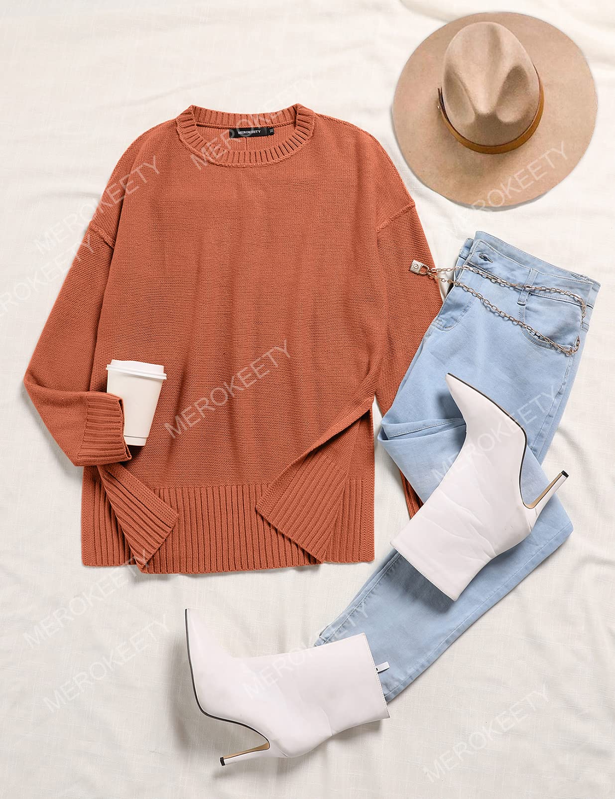MEROKEETY Women's 2025 Fall Winter Casual Oversized Pullover Sweater Loose Crew Neck Long Sleeve Side Split Jumper Top, Orange, L