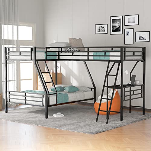GLORHOME Twin-Over-Full Metal L-Shaped Triple Bunk Bed with a Twin Size Loft Bed & Desk, Space Saving Bedroom Furniture for Kids Teens, Black
