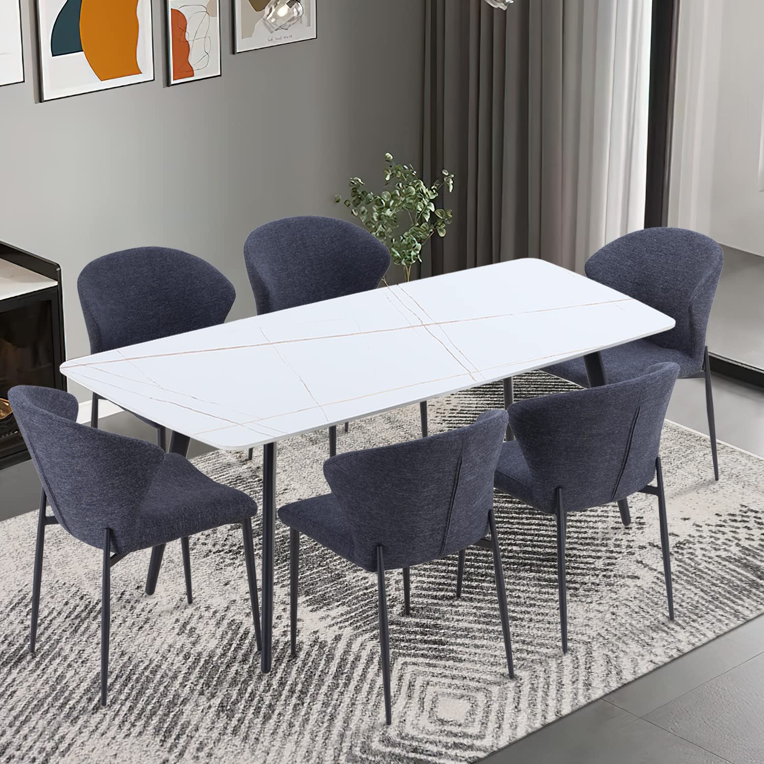 kevinplus 70'' White Dining Table Slate Kitchen Dining Table with Sintered Stone Top, Modern Mid-Century Rectangular Conference Table for Office, Living Room Dinner Table, Metal Legs, White & Gold