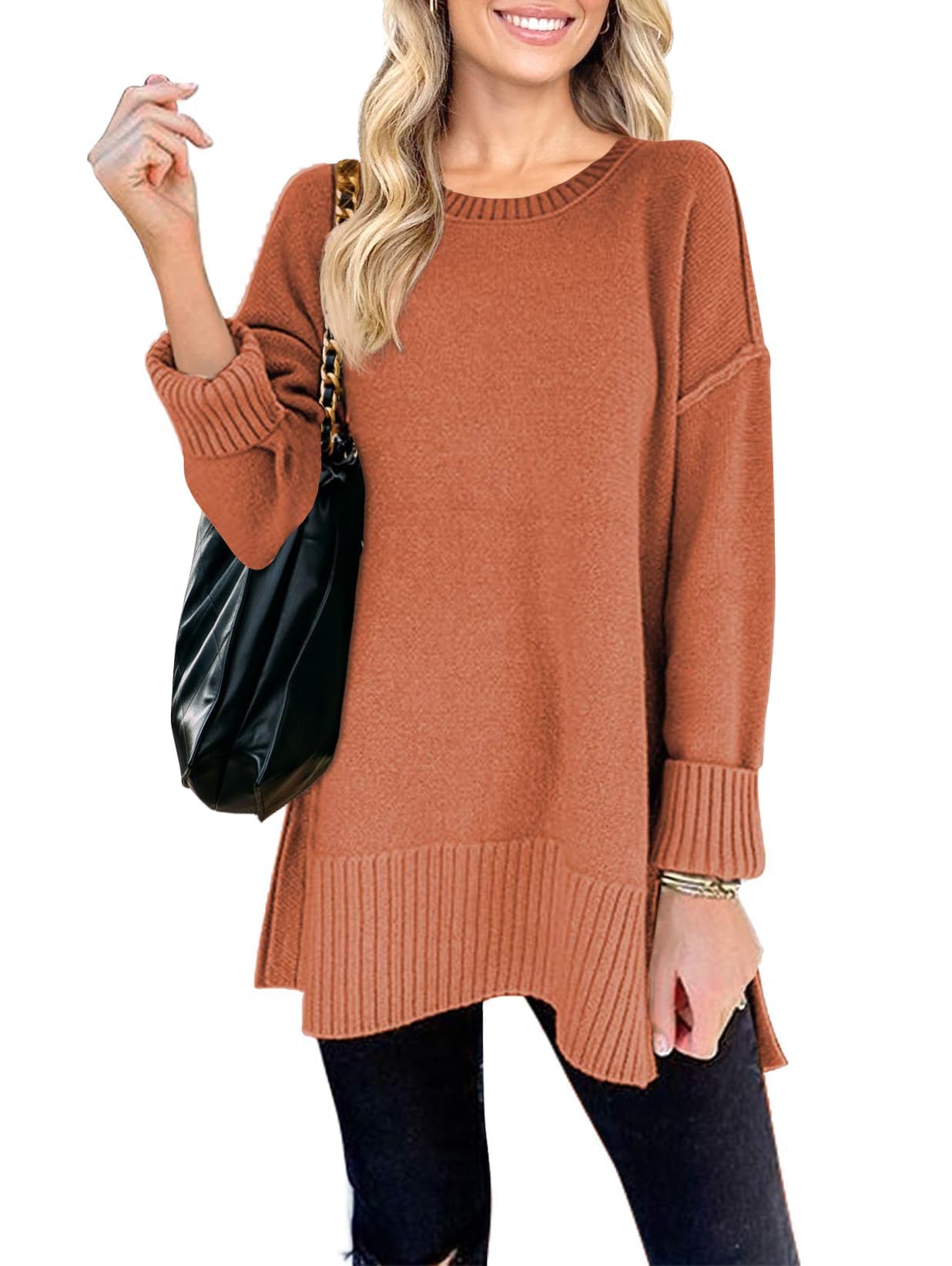 MEROKEETY Women's 2025 Fall Winter Casual Oversized Pullover Sweater Loose Crew Neck Long Sleeve Side Split Jumper Top, Orange, L