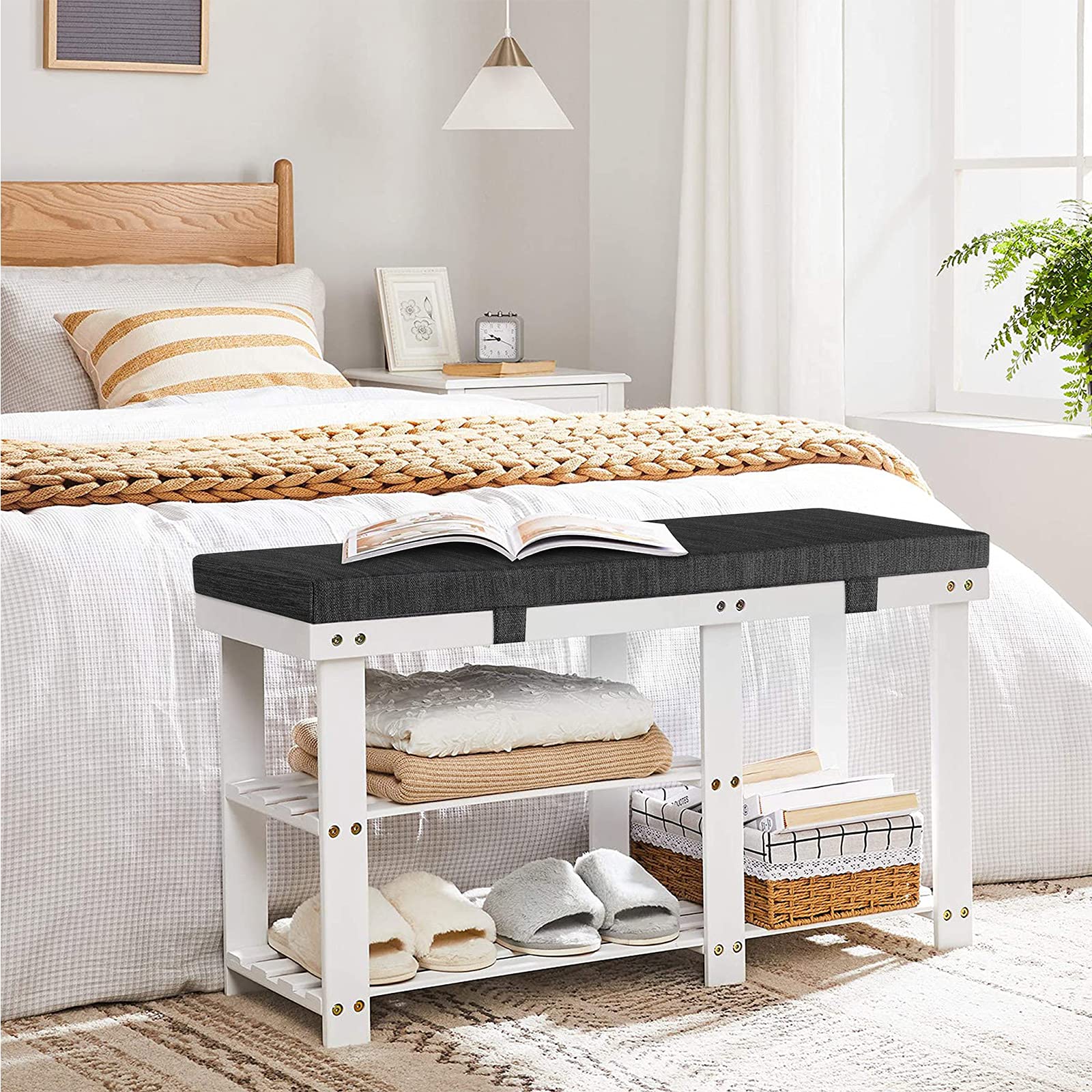 baibu Piano Bench Cushion 32 x12 inch for Indoor Shoe Storage Non Slip Picnic Bench Pad with Ties for Kitchen Dining Table Seat - One Pad Only (Black, 32x12x1.5in)