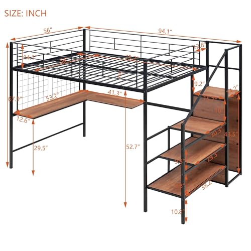 ATY Full Size Loft Bed with L-Shaped Desk and Wardrobe &Storage Shelves, Stairway Metal Bedframe w/Grid, Save Space Design, for Bedroom, Dorm, No Spring Need Required, Black