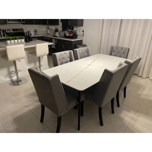kevinplus 70'' White Dining Table Slate Kitchen Dining Table with Sintered Stone Top, Modern Mid-Century Rectangular Conference Table for Office, Living Room Dinner Table, Metal Legs, White & Gold