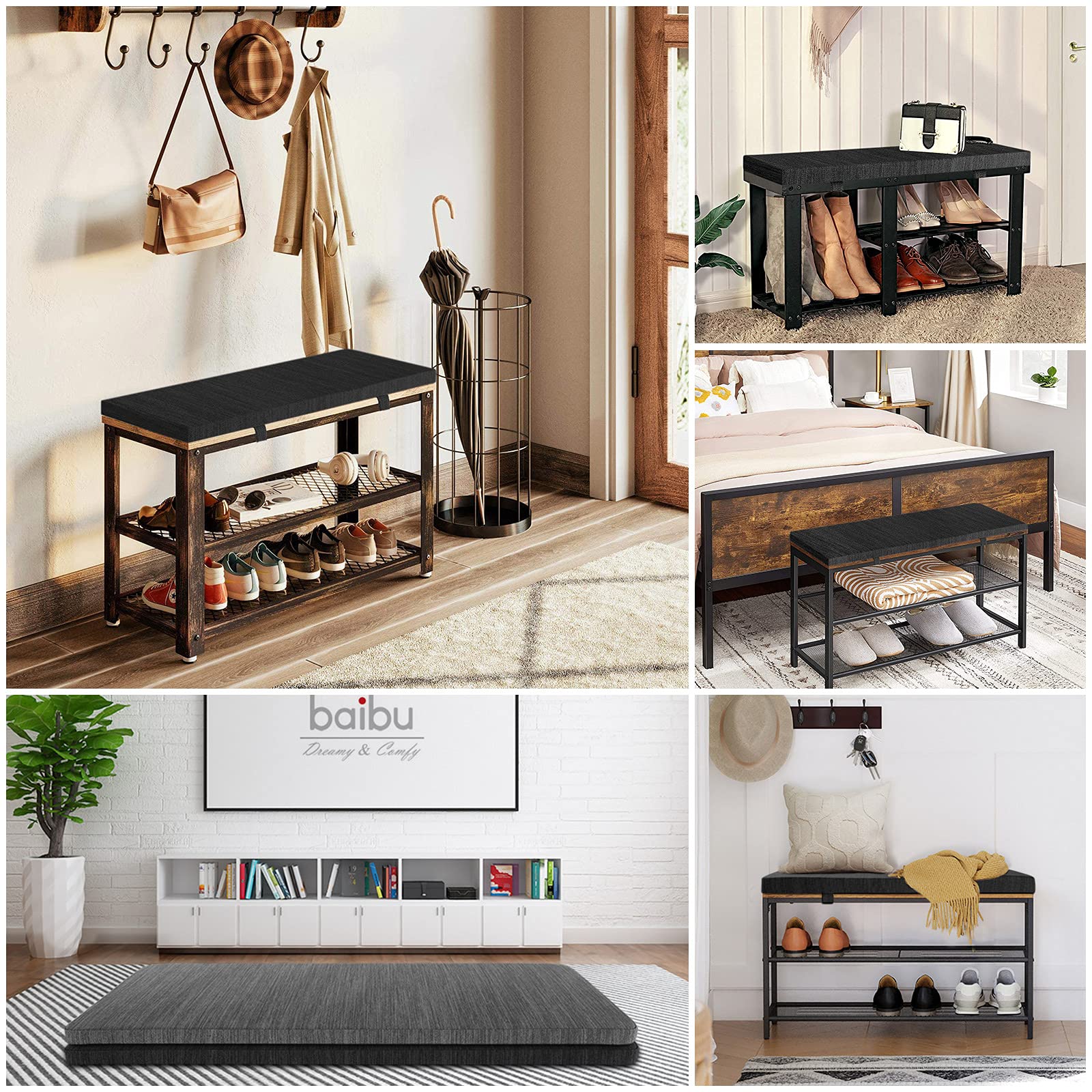baibu Piano Bench Cushion 32 x12 inch for Indoor Shoe Storage Non Slip Picnic Bench Pad with Ties for Kitchen Dining Table Seat - One Pad Only (Black, 32x12x1.5in)